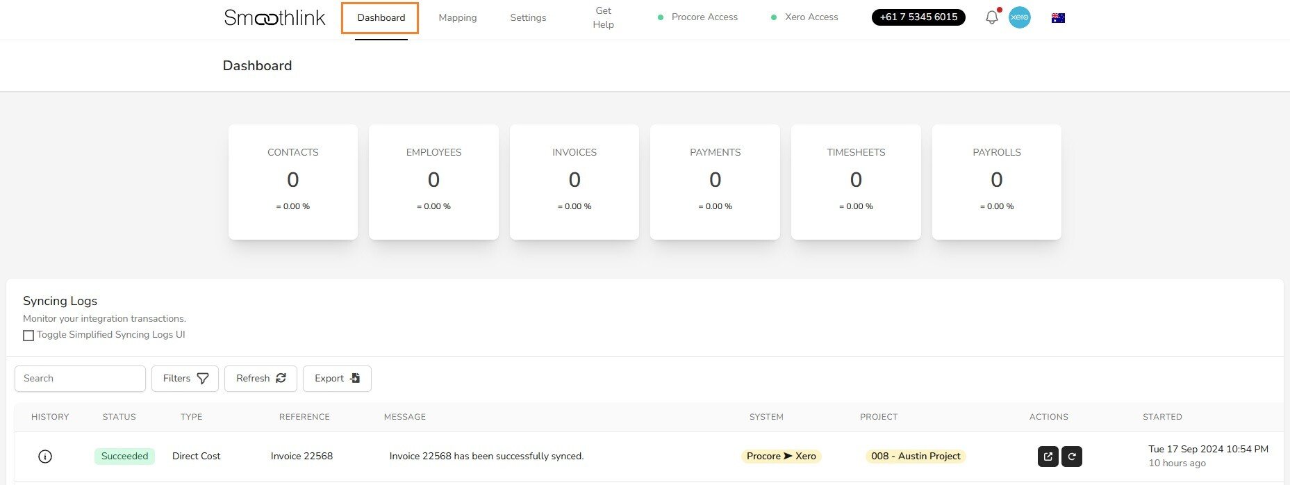 Smoothx Dashboard - Syncing Logs